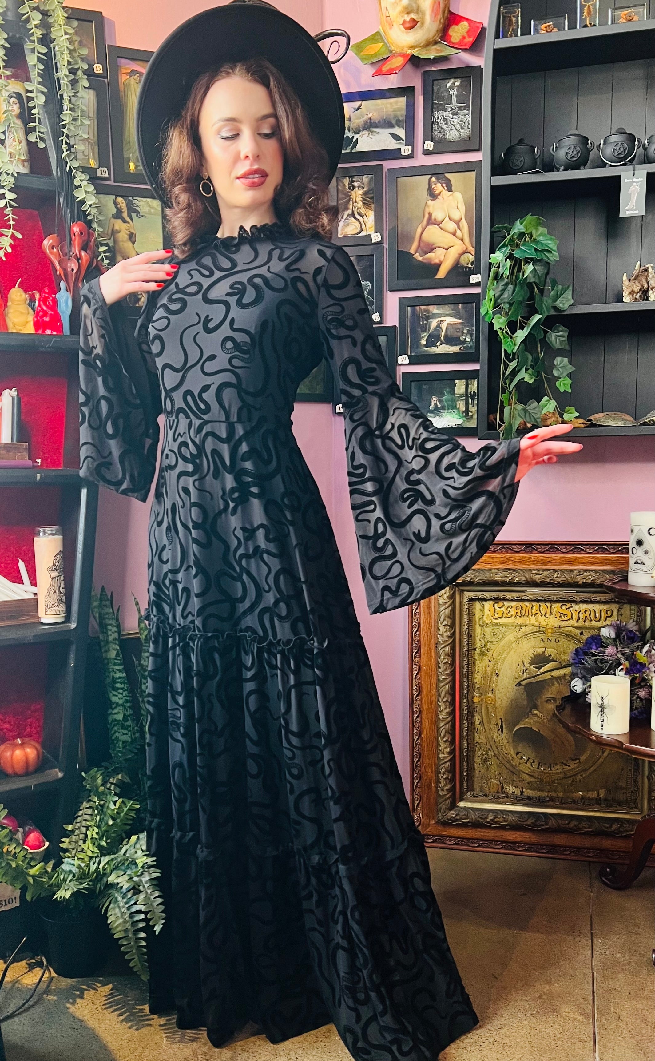 Sloane - Velvet Flocked Snake Maxi Dress with Bell Sleeves – ElleRebel