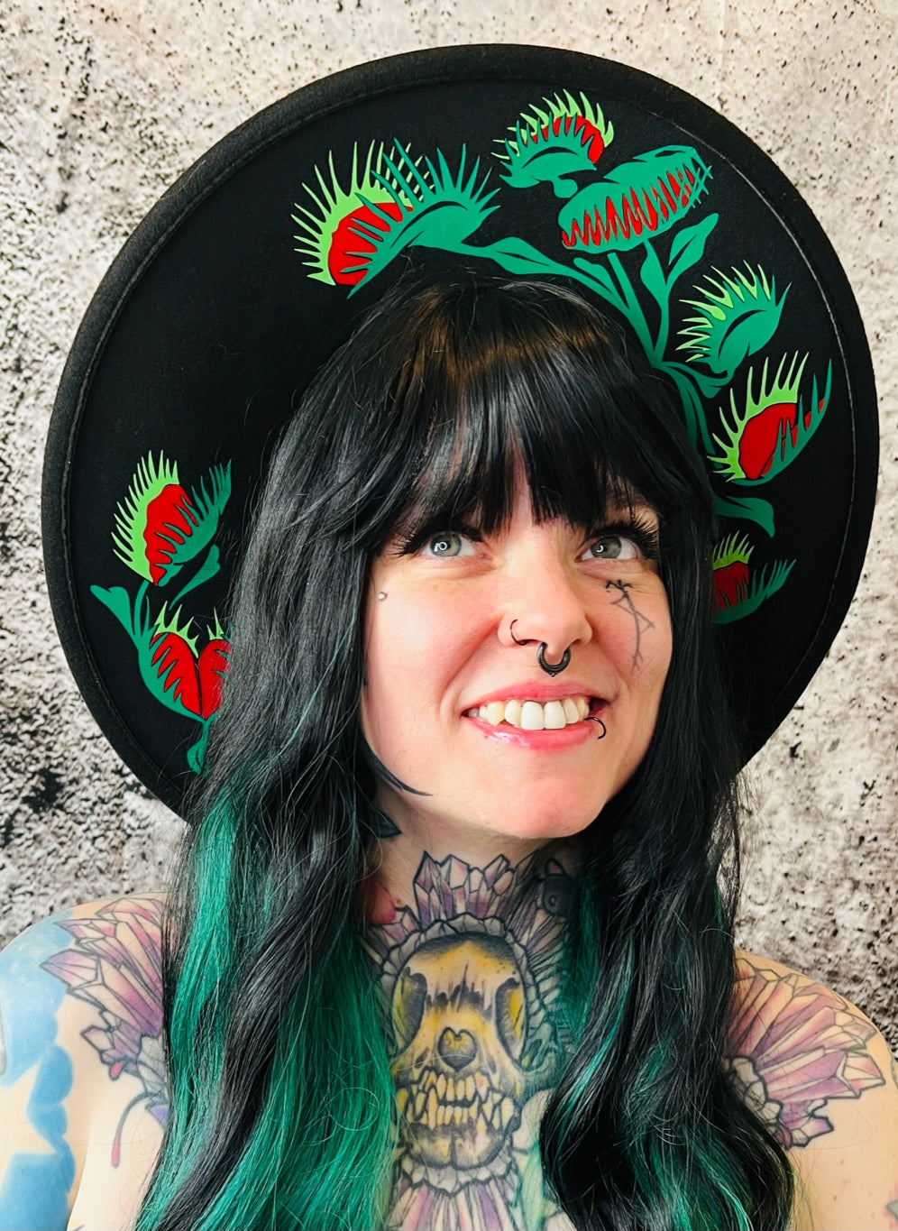 Vegan Felt Wide Brim Hat - XL Brim - "Venus Fly Traps" – ElleRebel